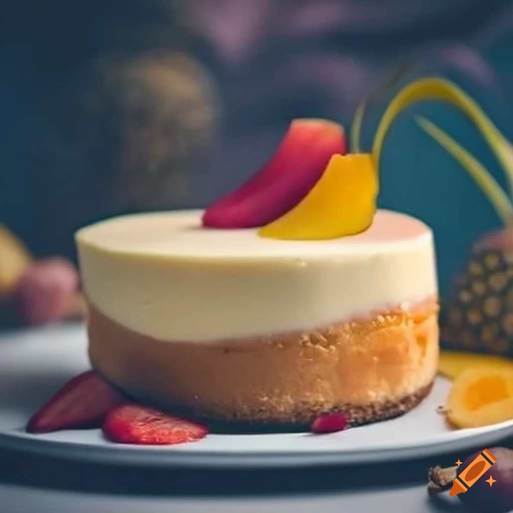 Homemade cheesecake topped with tropical fruits on Craiyon