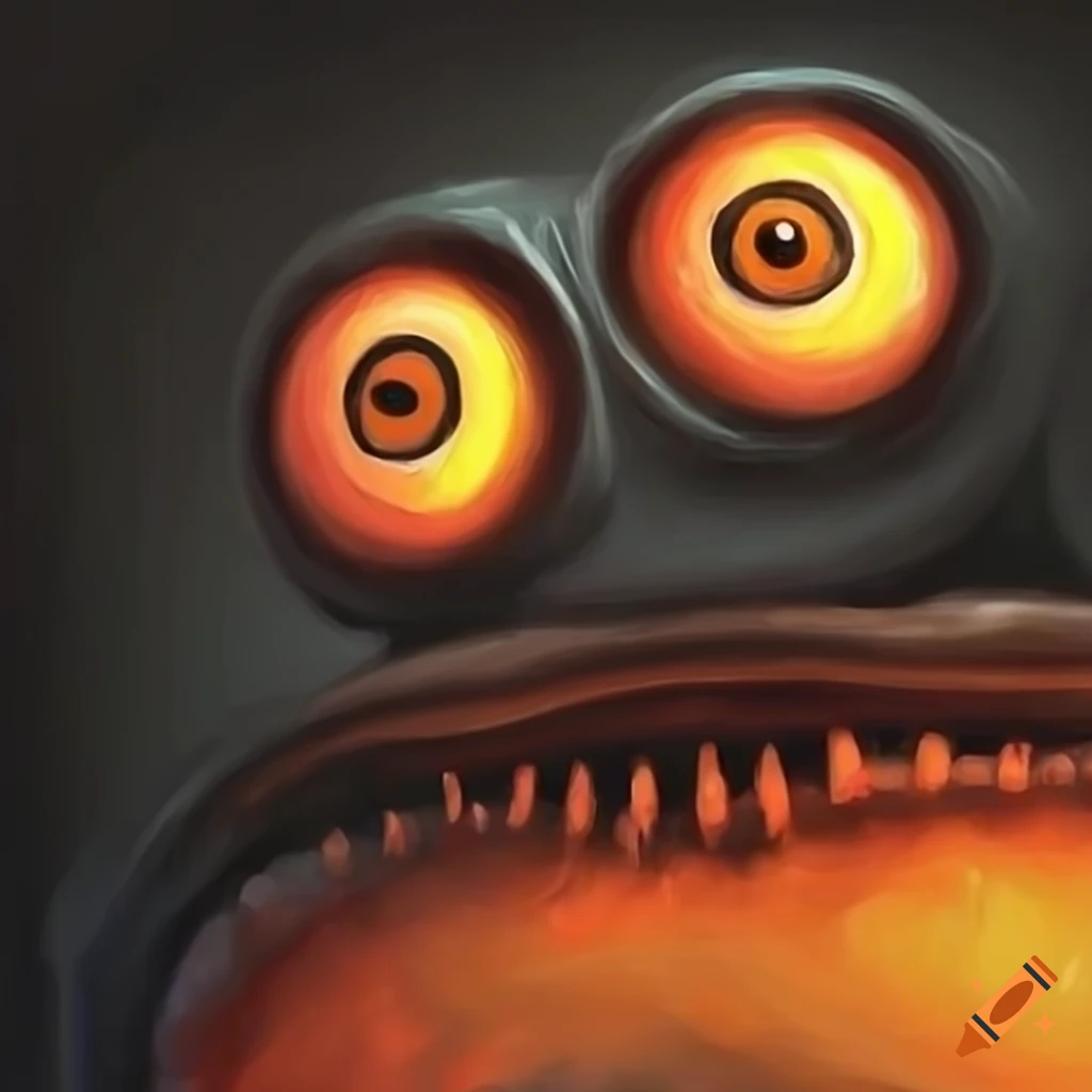 Cute monster with orange eyes on a TV screen with cinematic pixar ...