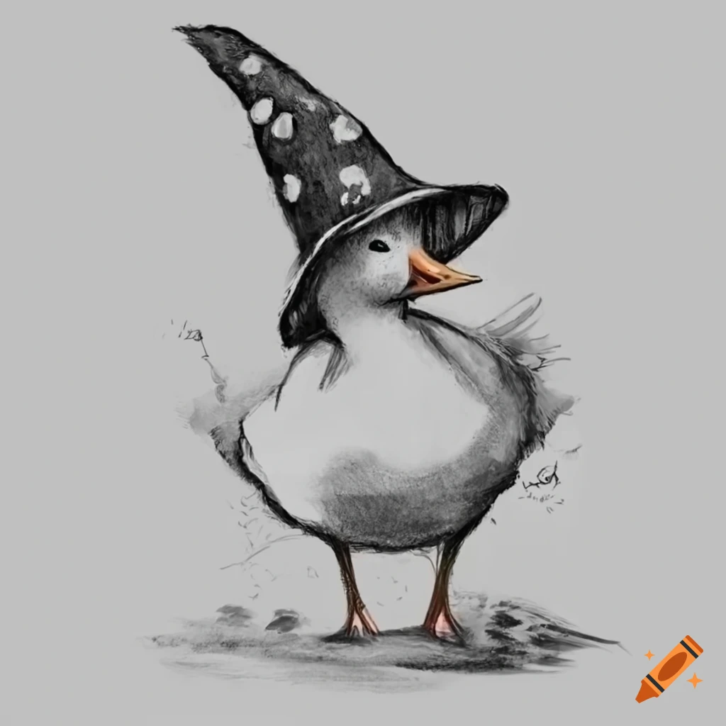 Magical white duck with wizard's hat and floating magic particles on ...