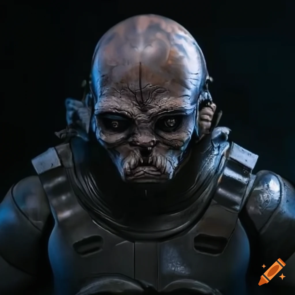 Sinister dwarf alien in futuristic soldier armor from top view on Craiyon