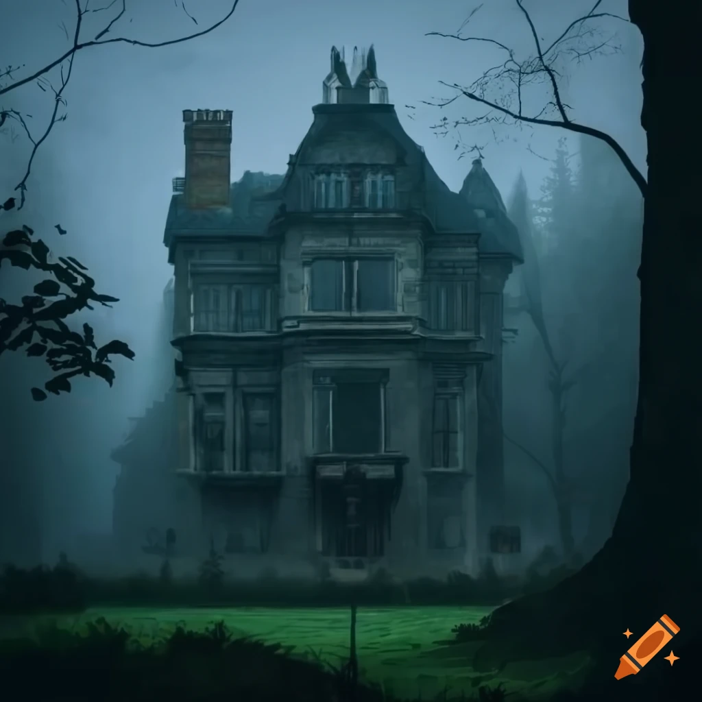 Secluded gothic-style mansion surrounded by fog and dark forest on Craiyon