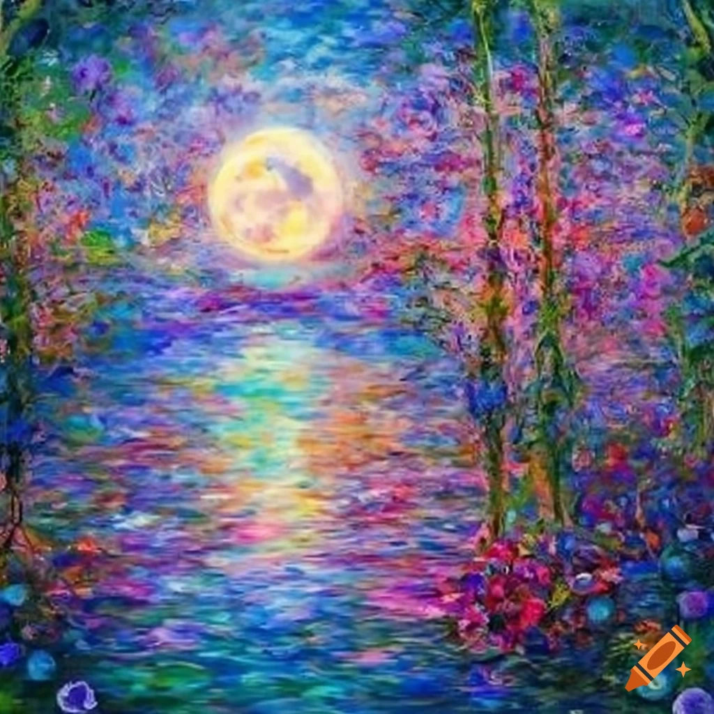 Monet inspired art with colorful flora, tree of life, shimmering lake ...