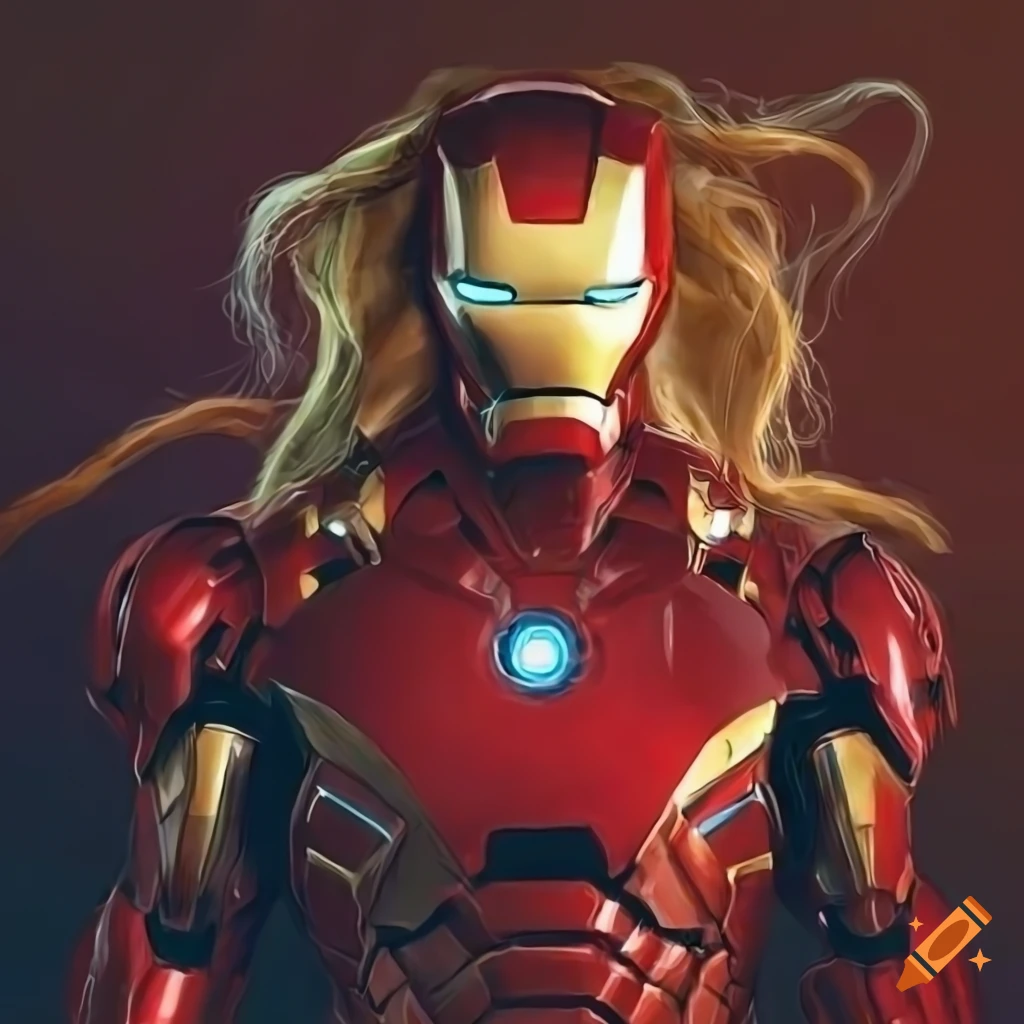 Iron man in suit with intricate long hair flowing from helmet on Craiyon