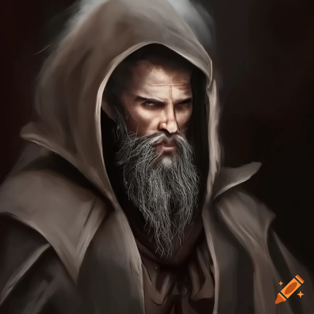 Sorcerer with black hood, long grey hair, and beard on Craiyon