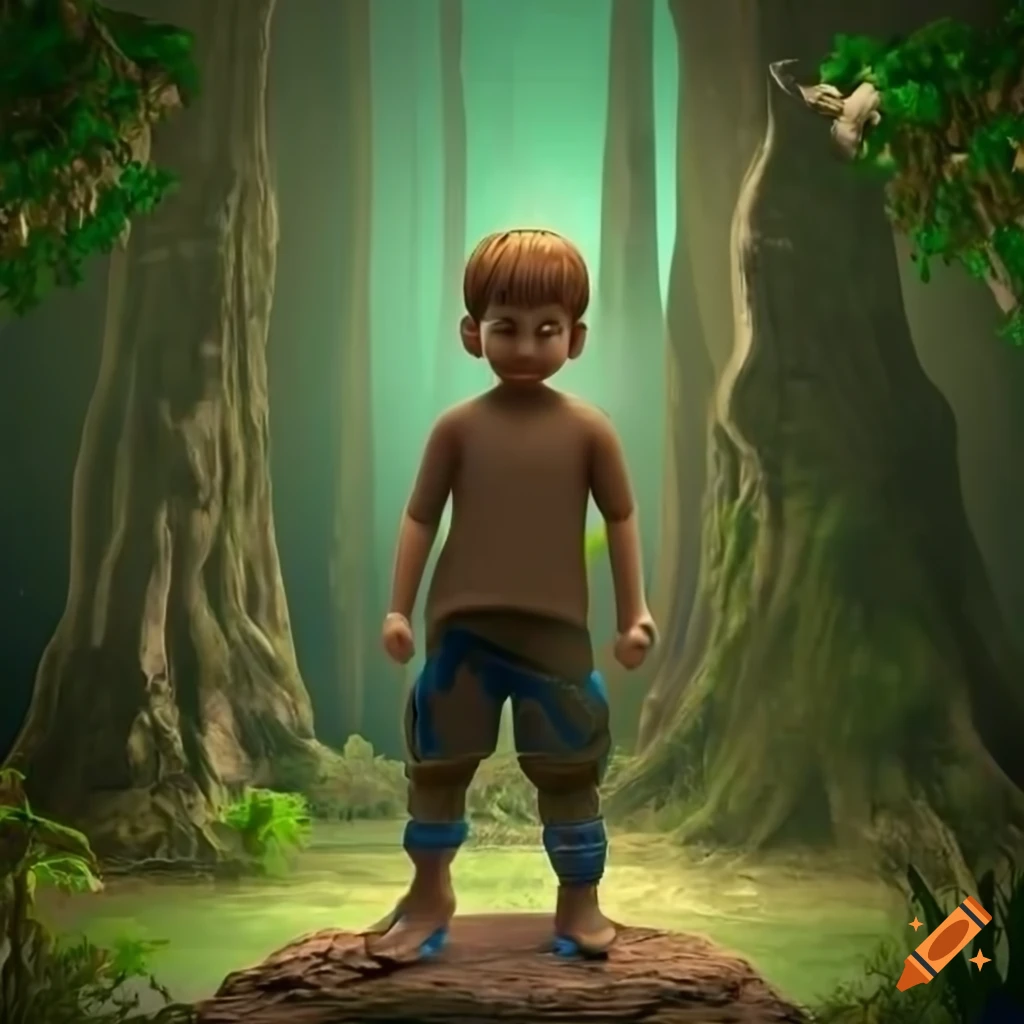 Adventurous boy with oval stone in an enchanted forest in a digital art ...