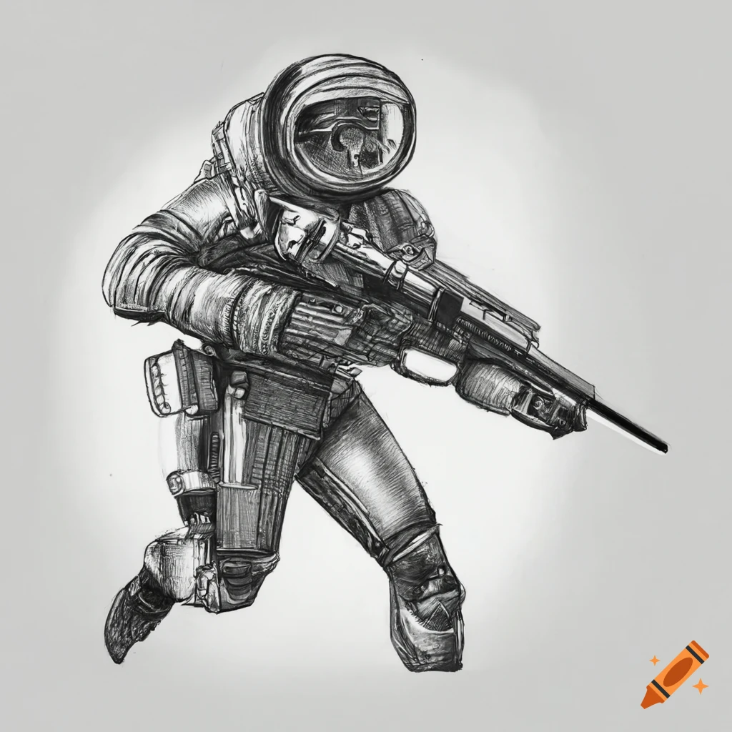 Detailed pencil drawing of a 50's style sci-fi space explorer aiming ...