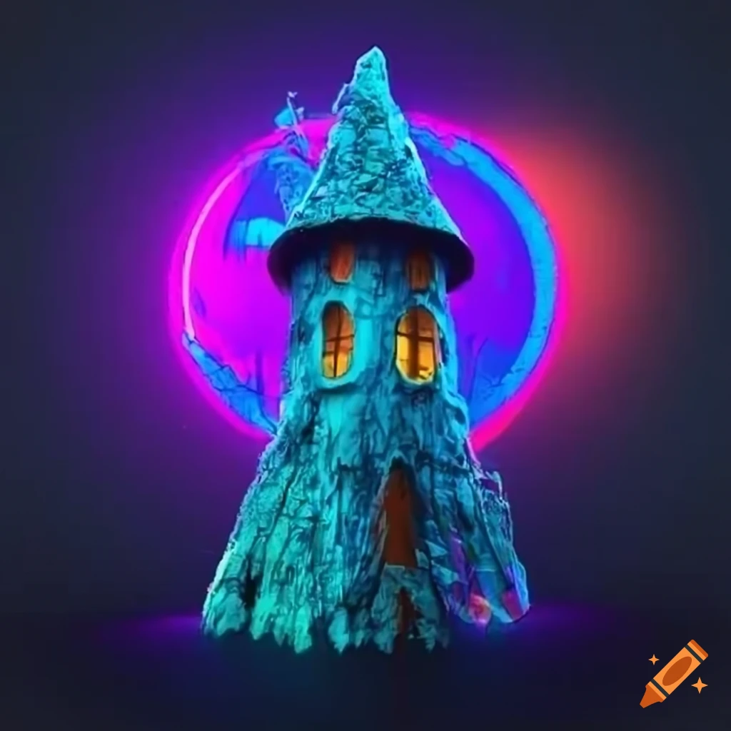 Neon rave wizard tower in the forest on Craiyon