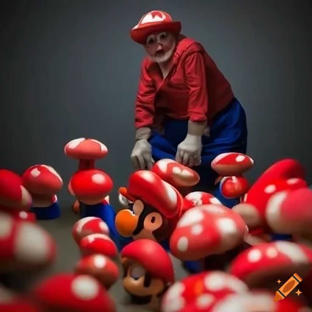 Old man Mario collecting red mushrooms from a garbage bin on Craiyon