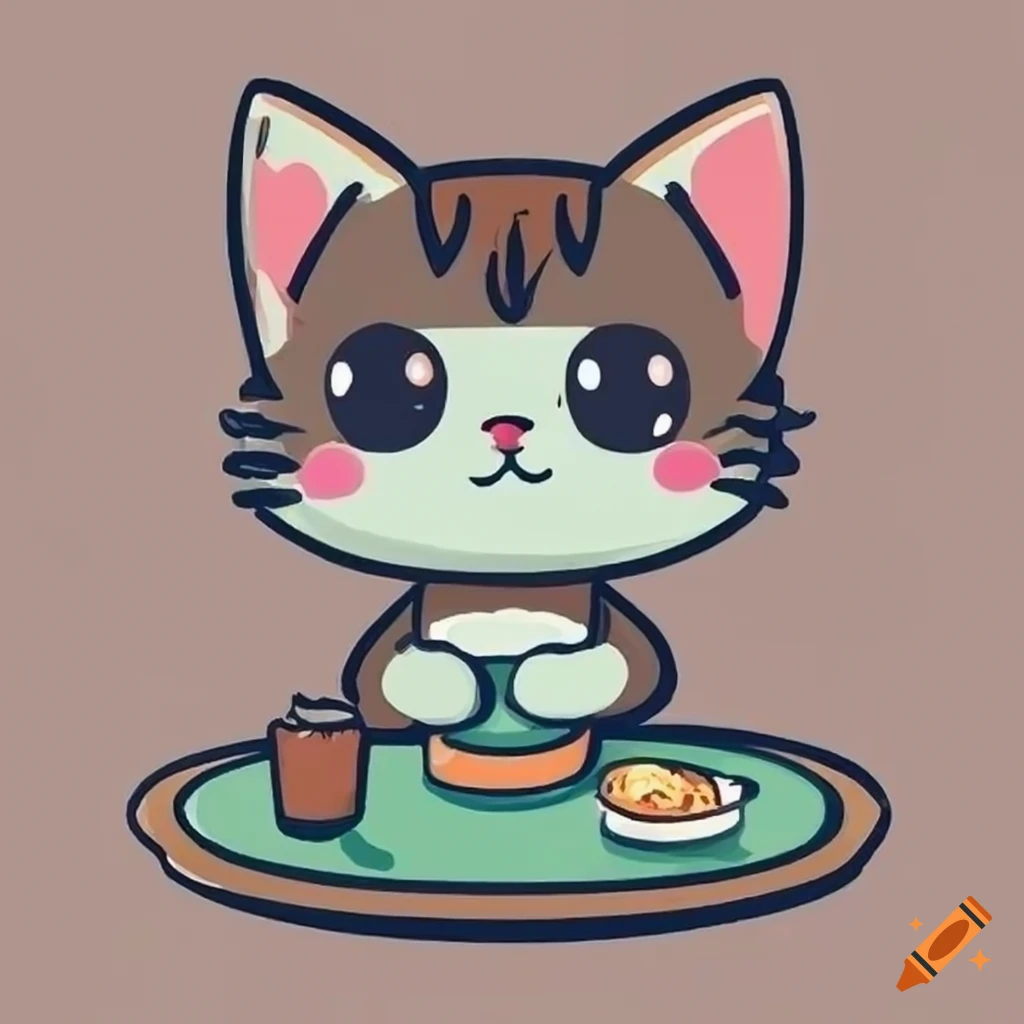 Chibi cat sitting at a table eating food on Craiyon