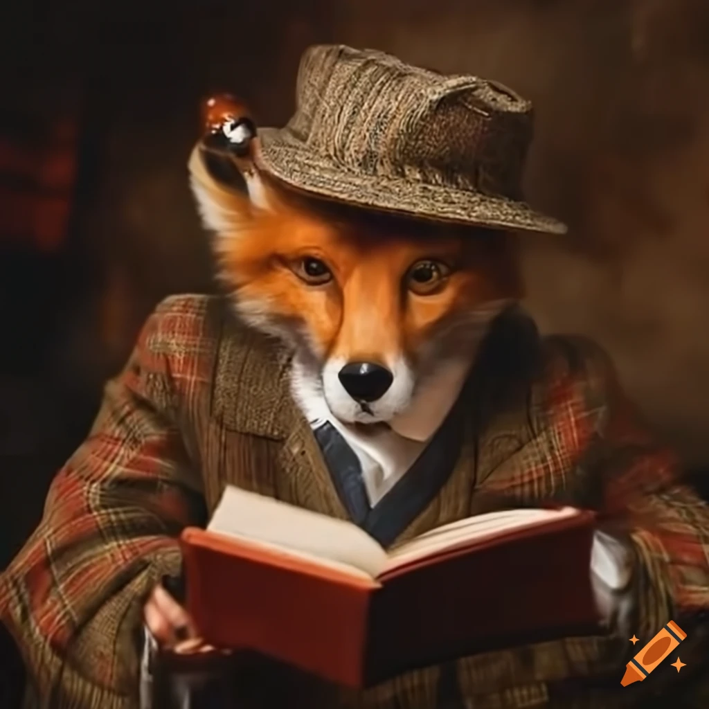 Fox in a Sherlock hat smoking a pipe and reading by the fireplace on ...