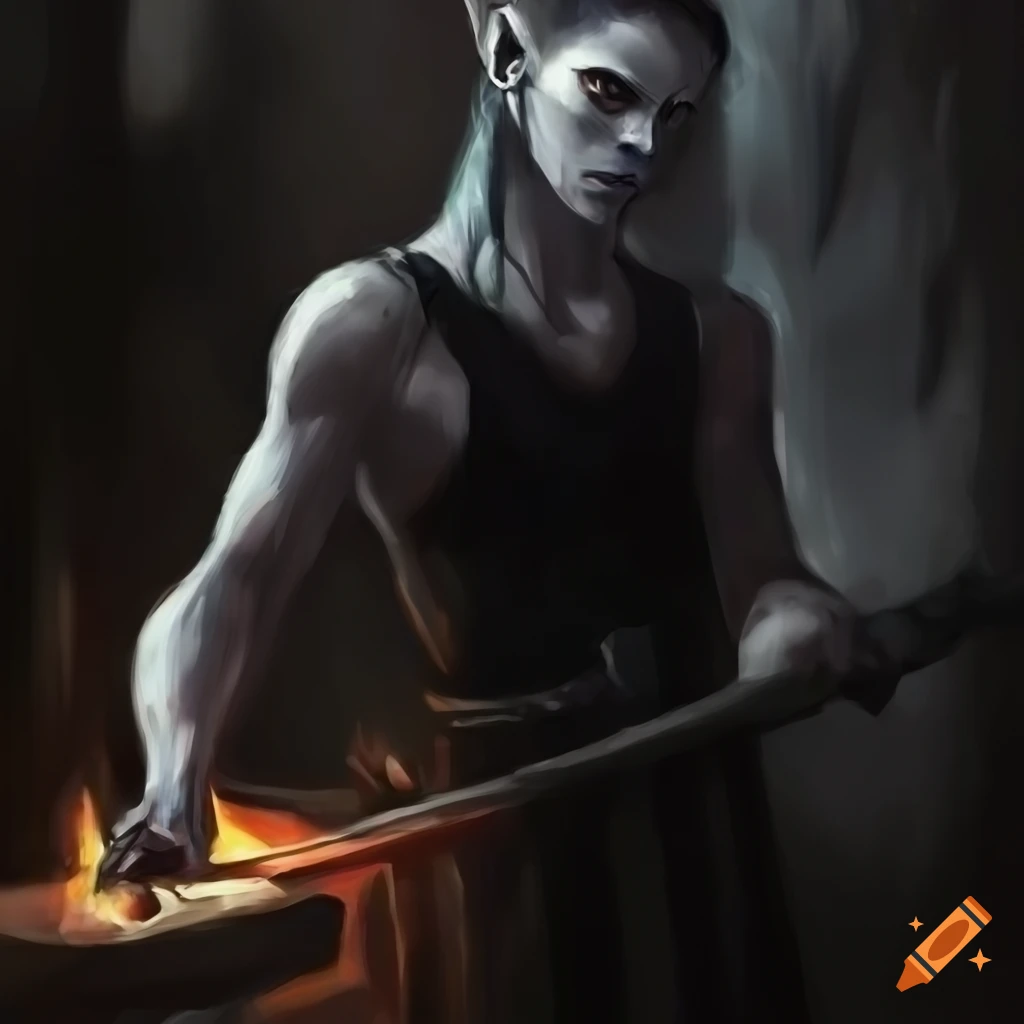 Male dark elf at a blacksmith's forge on Craiyon