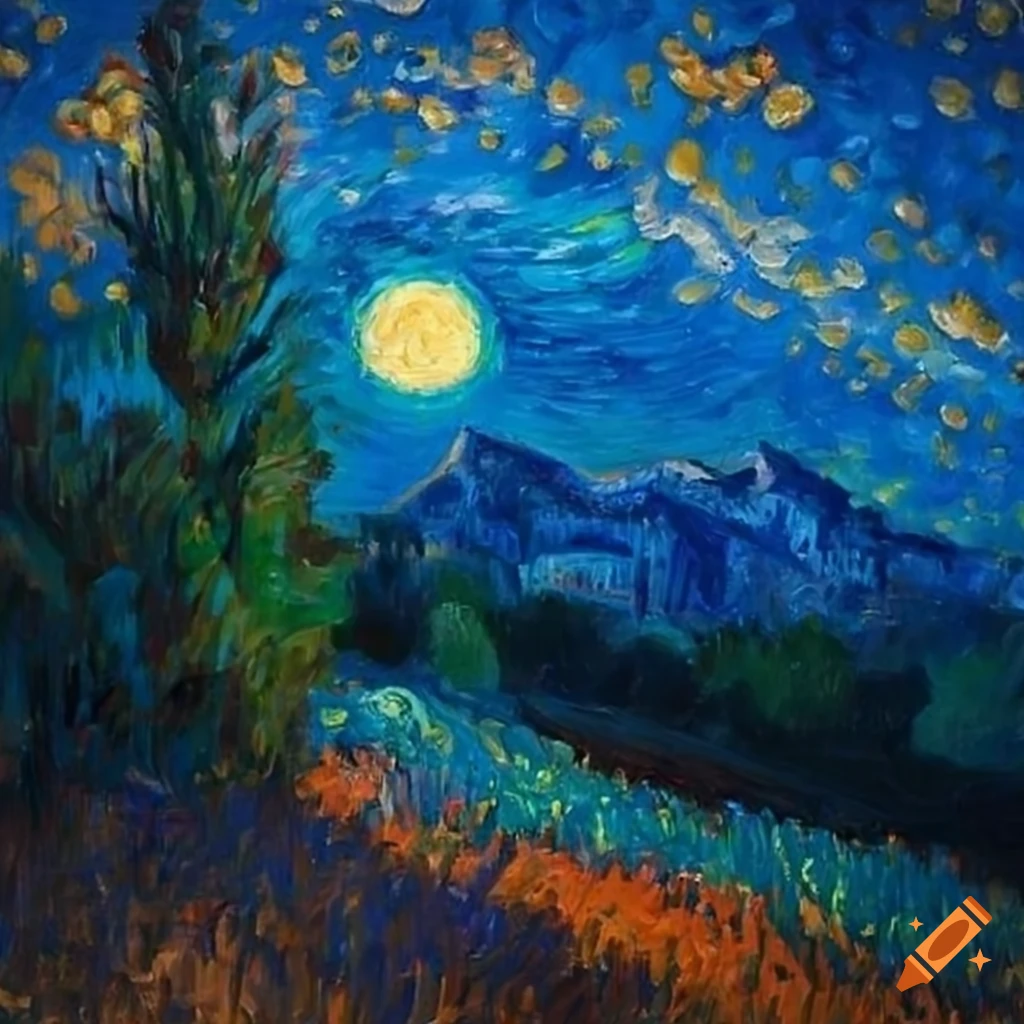 Night scene of the hills in provence in french impressionism style with ...