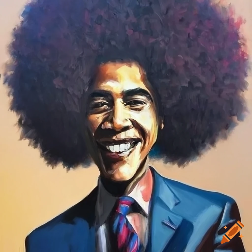Portrait of Barack Obama with an afro in an oil painting style on Craiyon