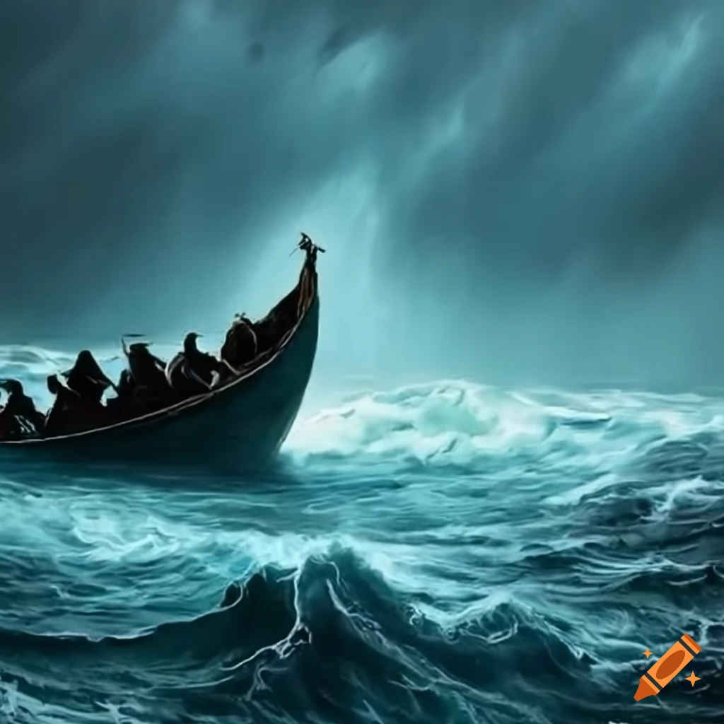 Disciples in a boat during a storm, bailing out water and looking ...