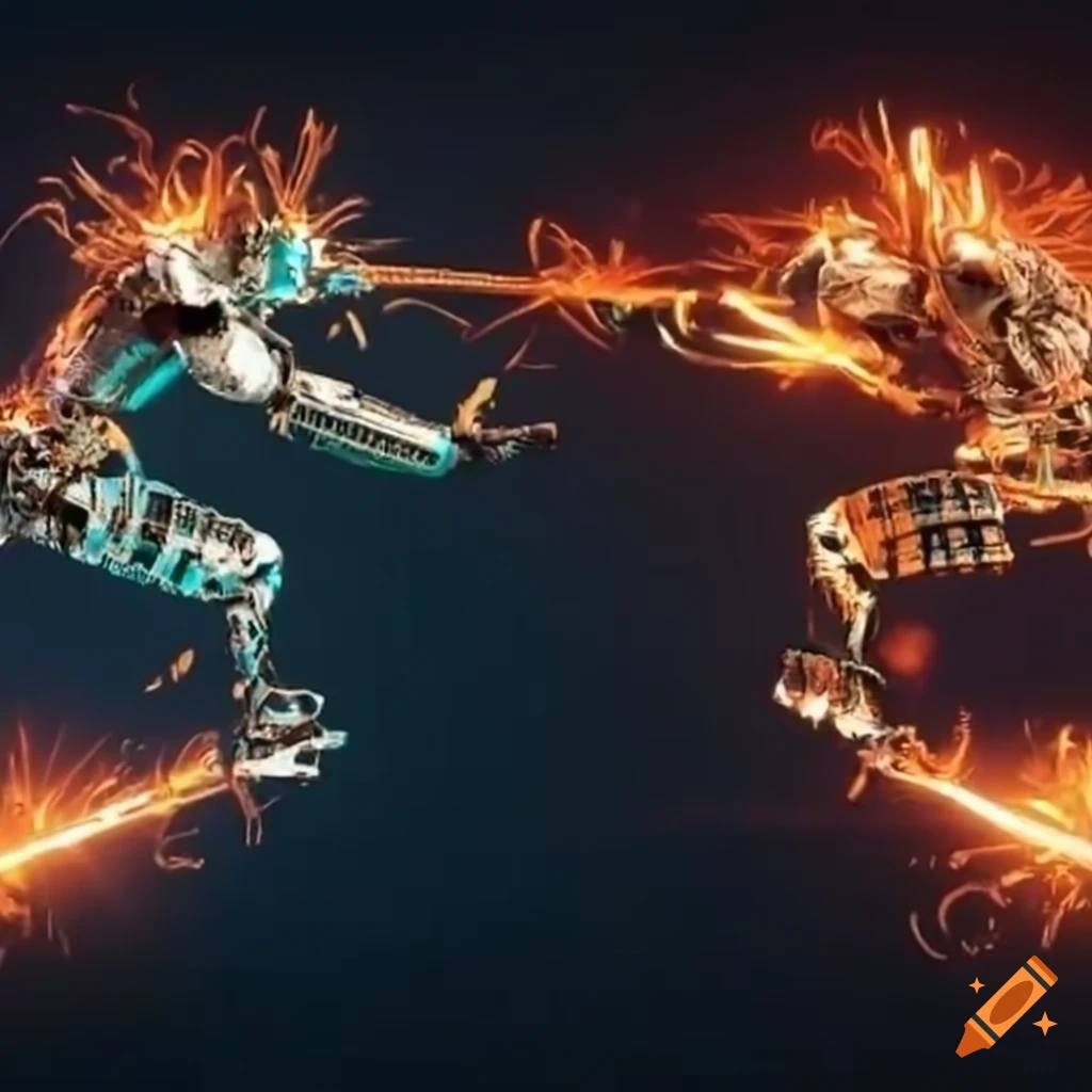 Robots engaging in samurai-style combat with flying sparks on Craiyon
