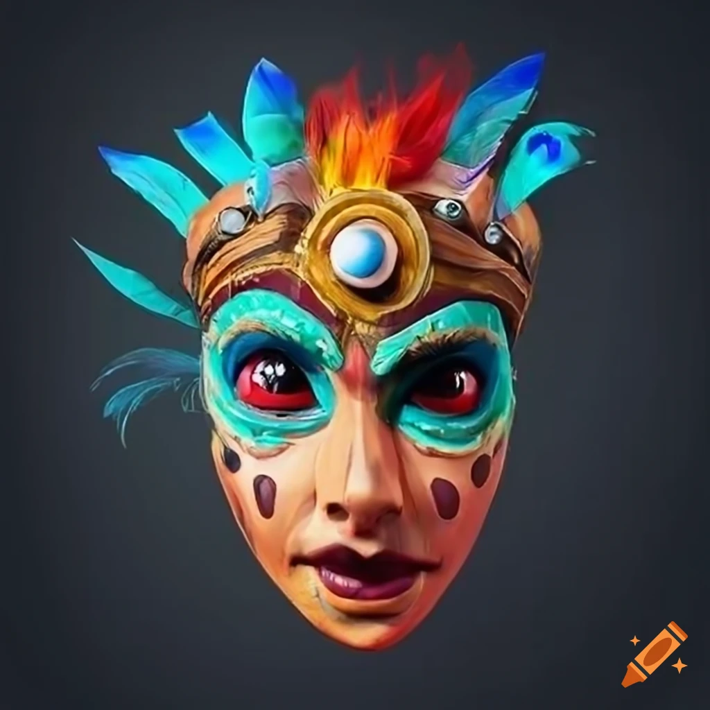 Intricately detailed sumarian queen's wooden mask with feather crown ...