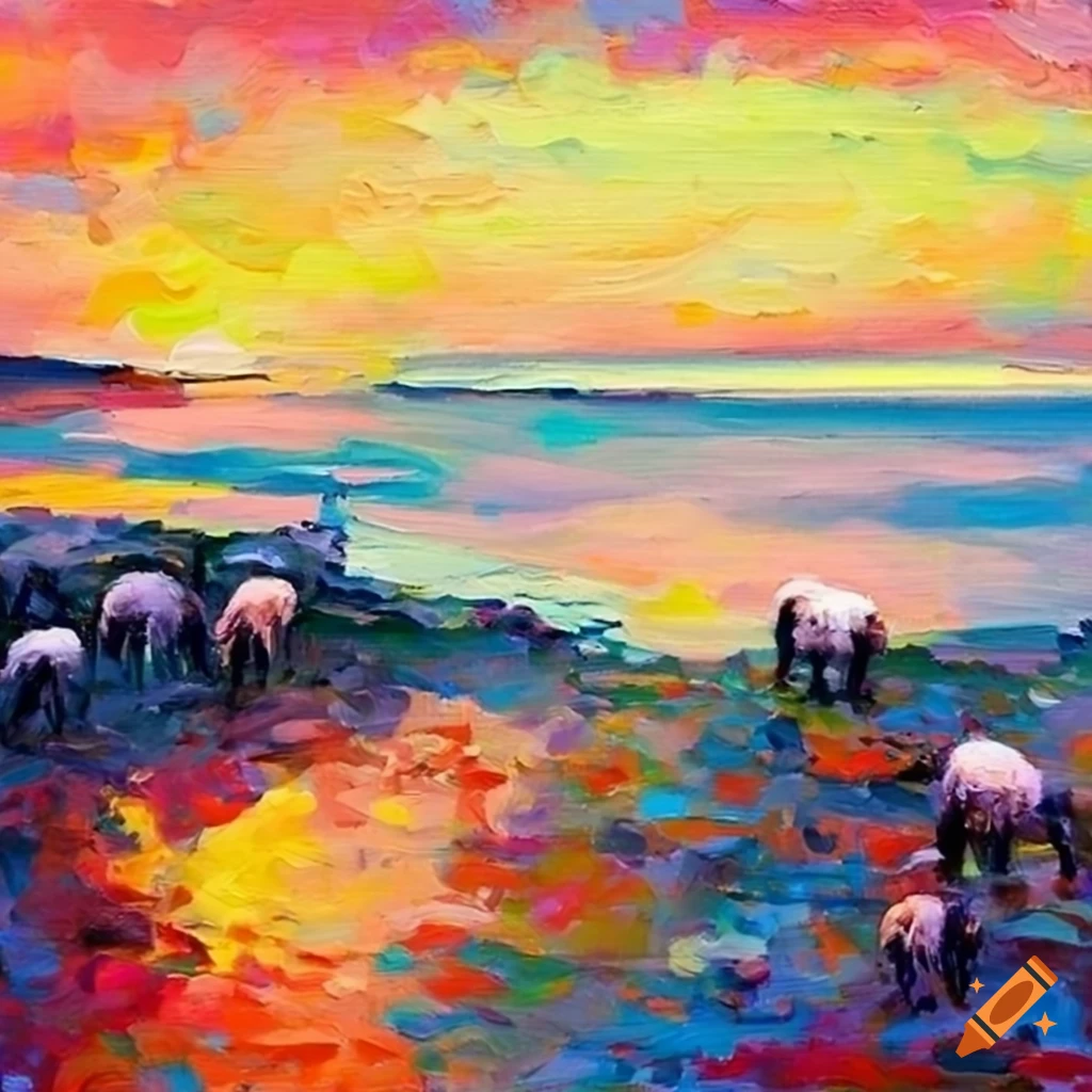 Abstract impressionist painting of thatched cottage surrounded by sheep ...