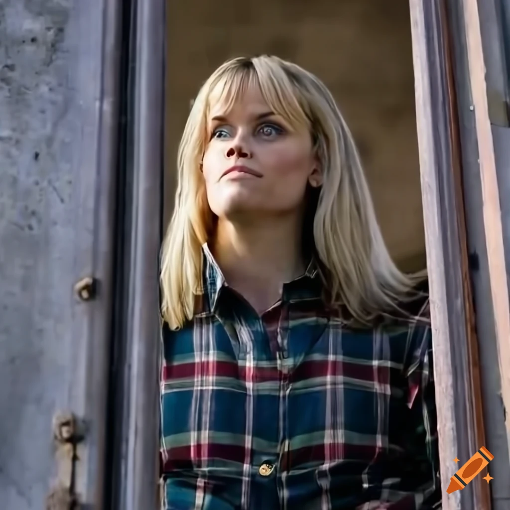 Blonde actress resembling Reese Witherspoon in country plaid shirt and ...