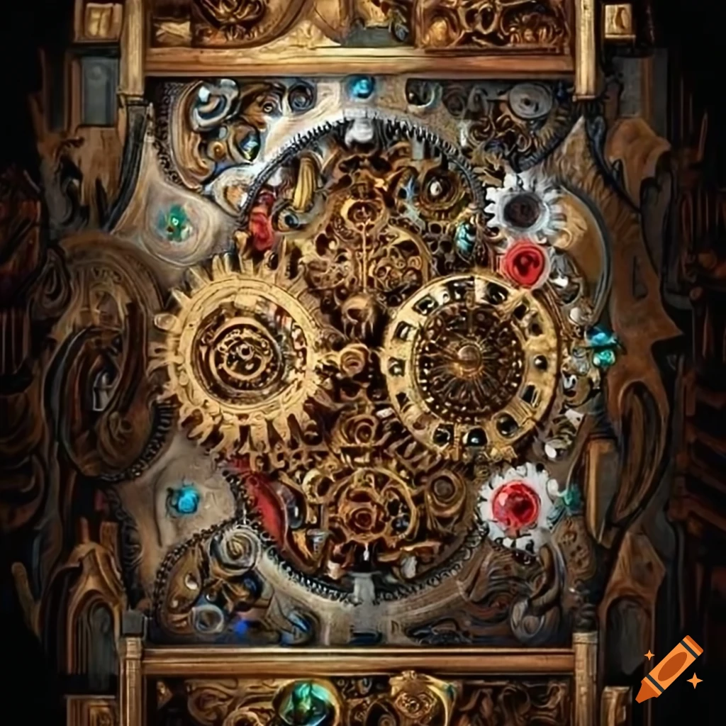 Steampunk cathedral design for a playing card with gems and flowers on ...