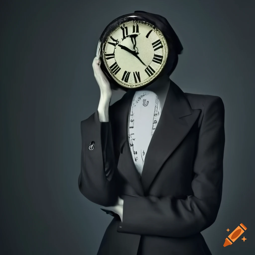 Surreal female figure in a suit with a clock head on Craiyon