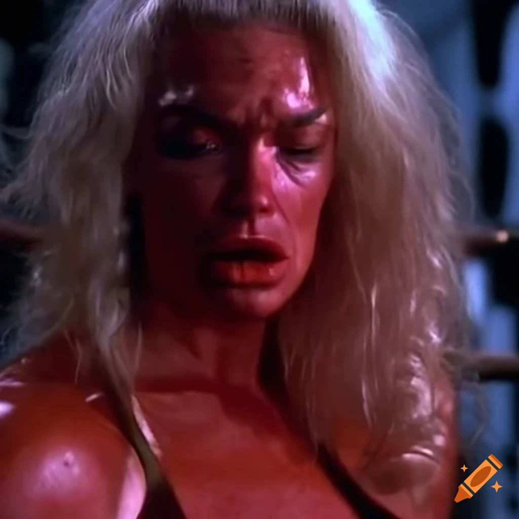 Expressive closeup of a dizzied female fighter in a 90's movie ...