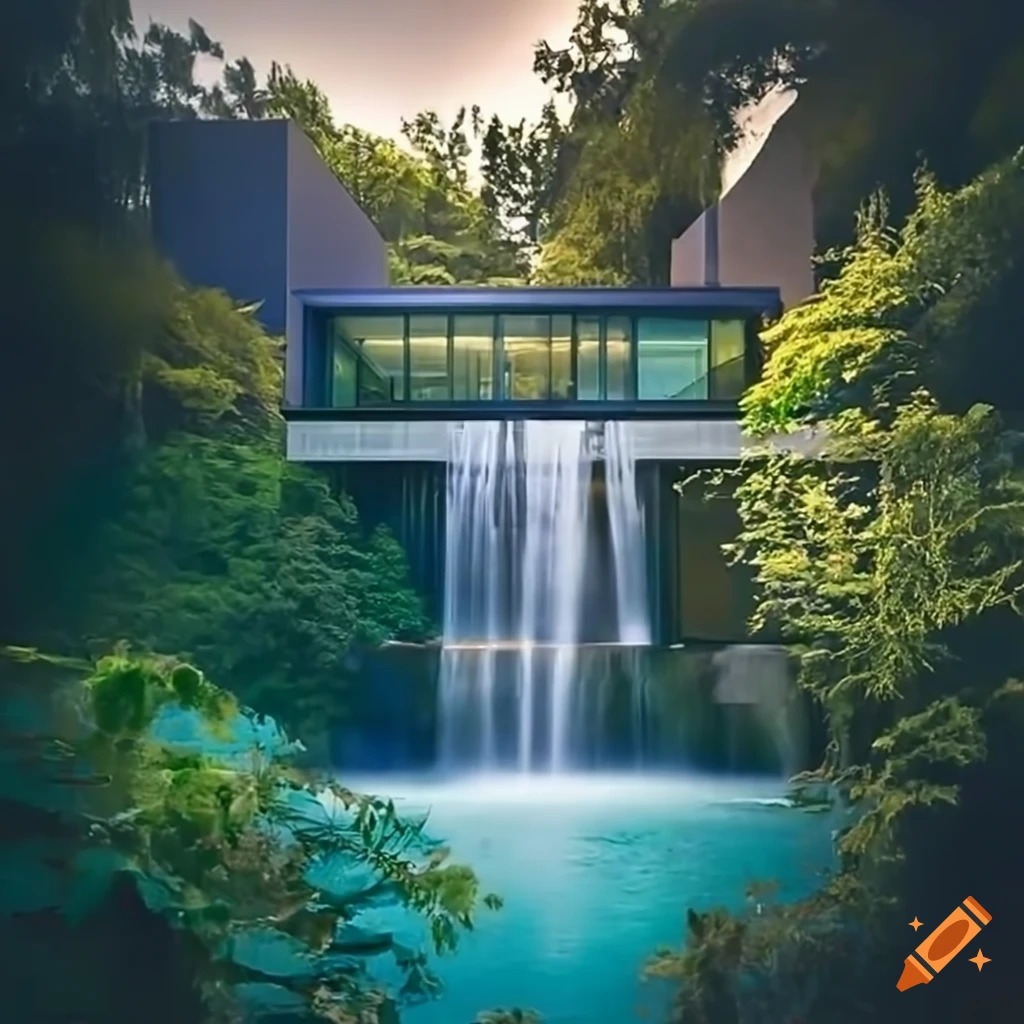 Modern 4-storey house on steep slope with waterfall, rooftop pool, and ...