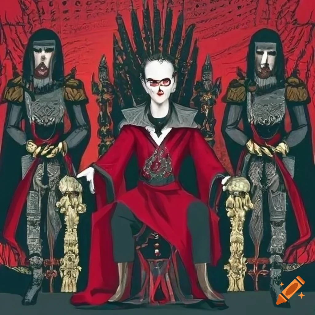 Young handsome vampire in black robe seated on a throne with soldiers ...
