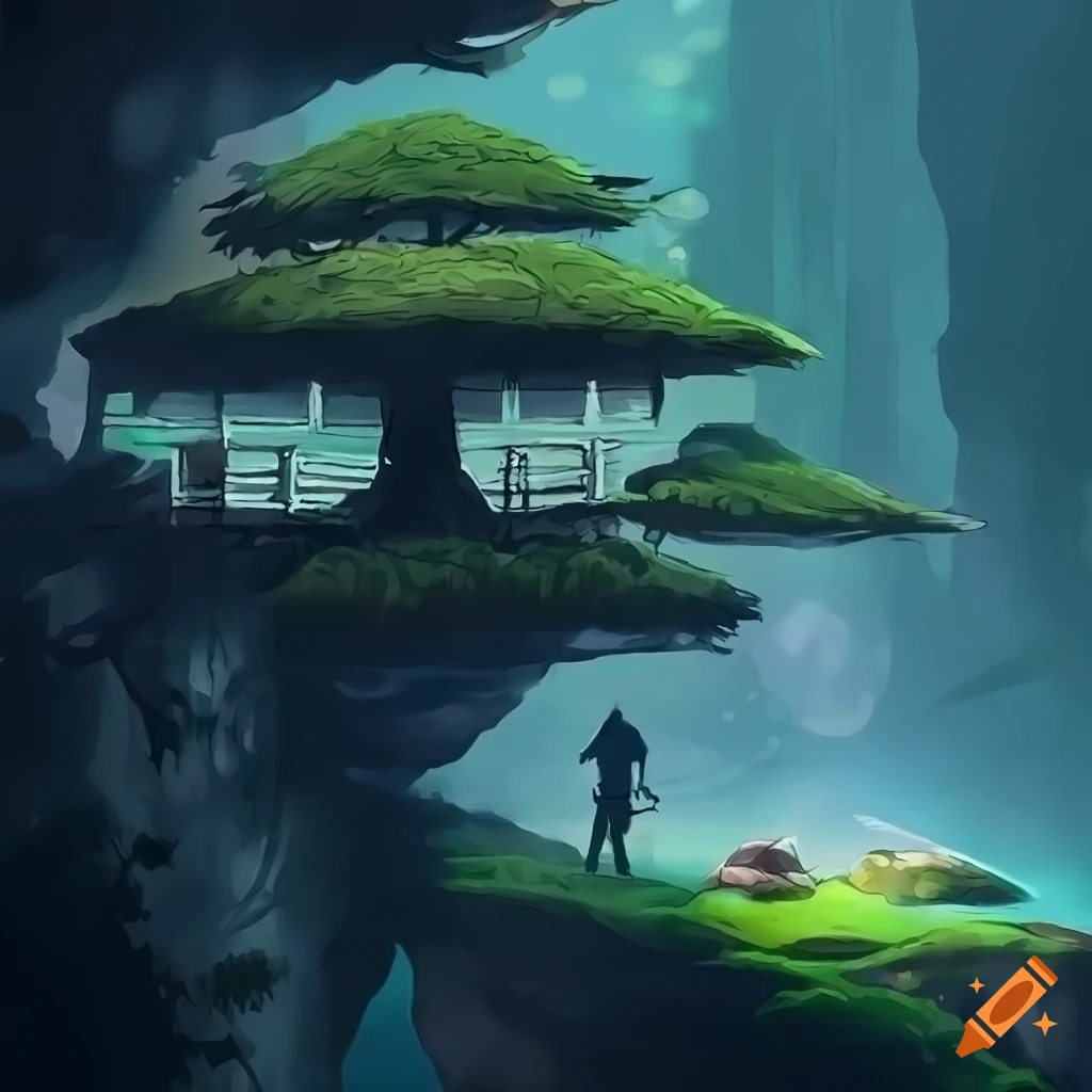 Tree house on a cliff with a bonsai tree in the foreground, detailed ...