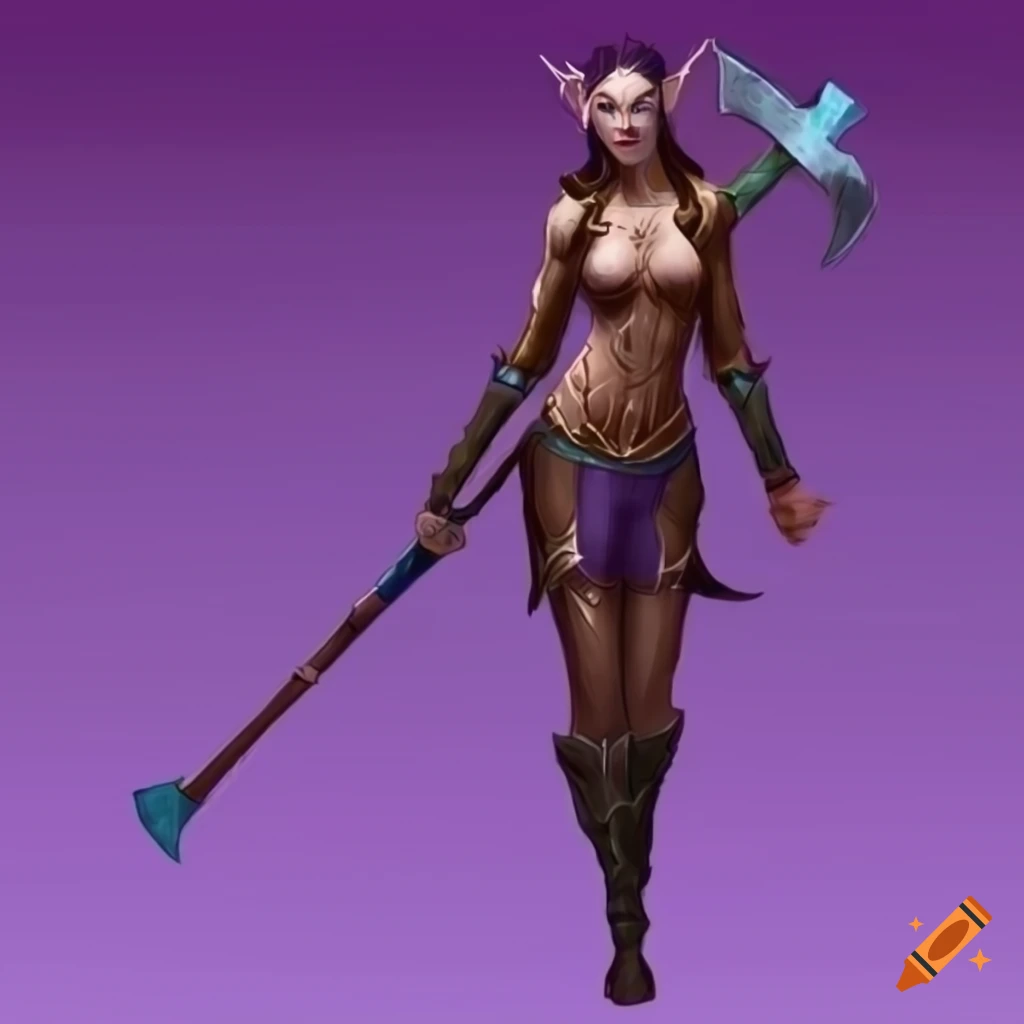 Skinny female elf with purple skin and blue eyes holding a battle axe on Craiyon