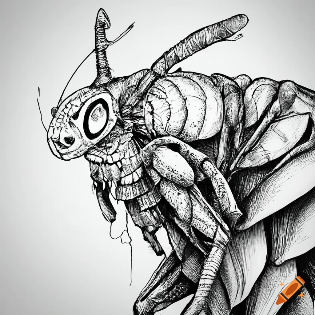 Giant domesticated insect in black & white manga style on Craiyon