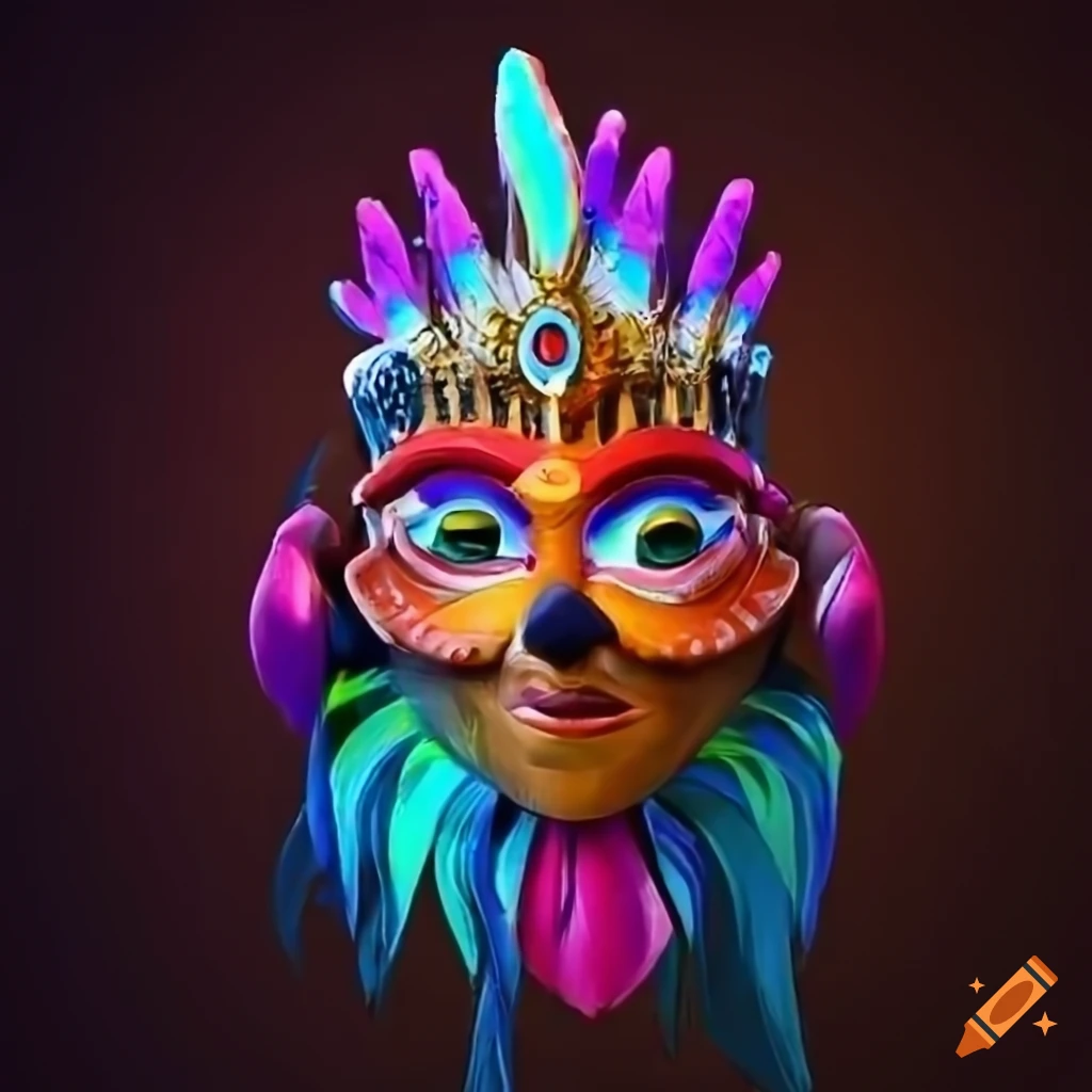 Vibrant detailed sumarian queen's wooden mask with feather crown on Craiyon