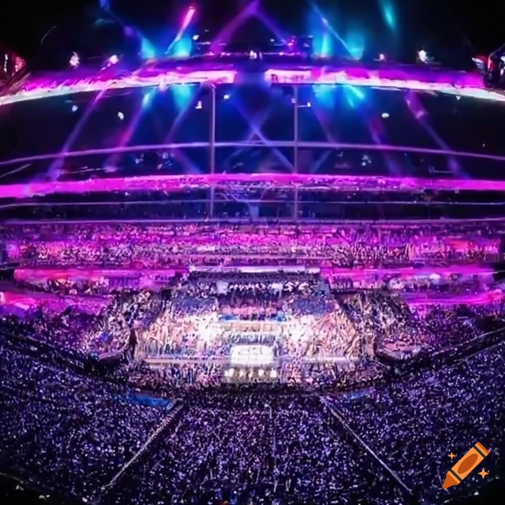 Wrestlemania 40 arena with colorful lights and stage on Craiyon