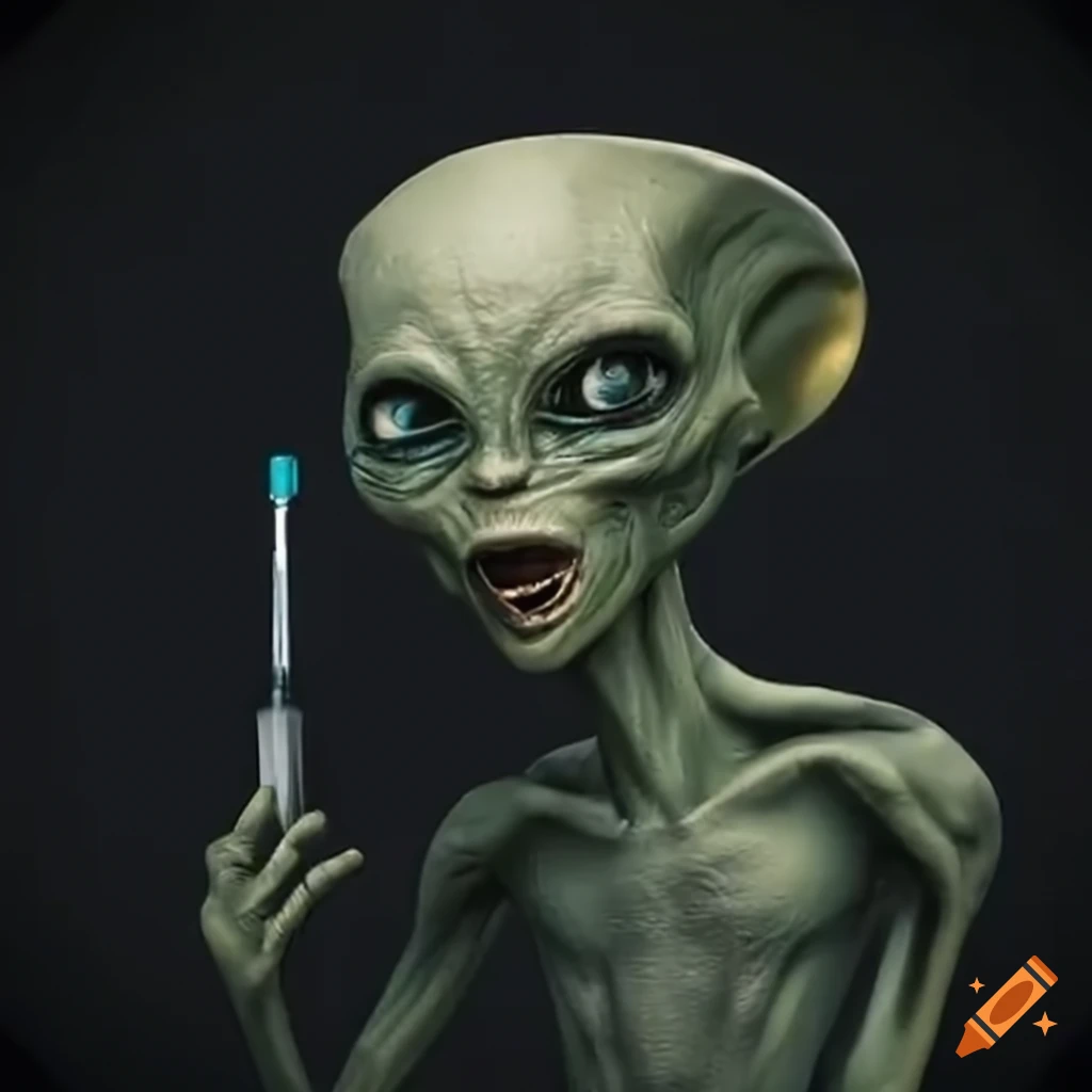 Alien using a syringe to take a sample from his hand on Craiyon