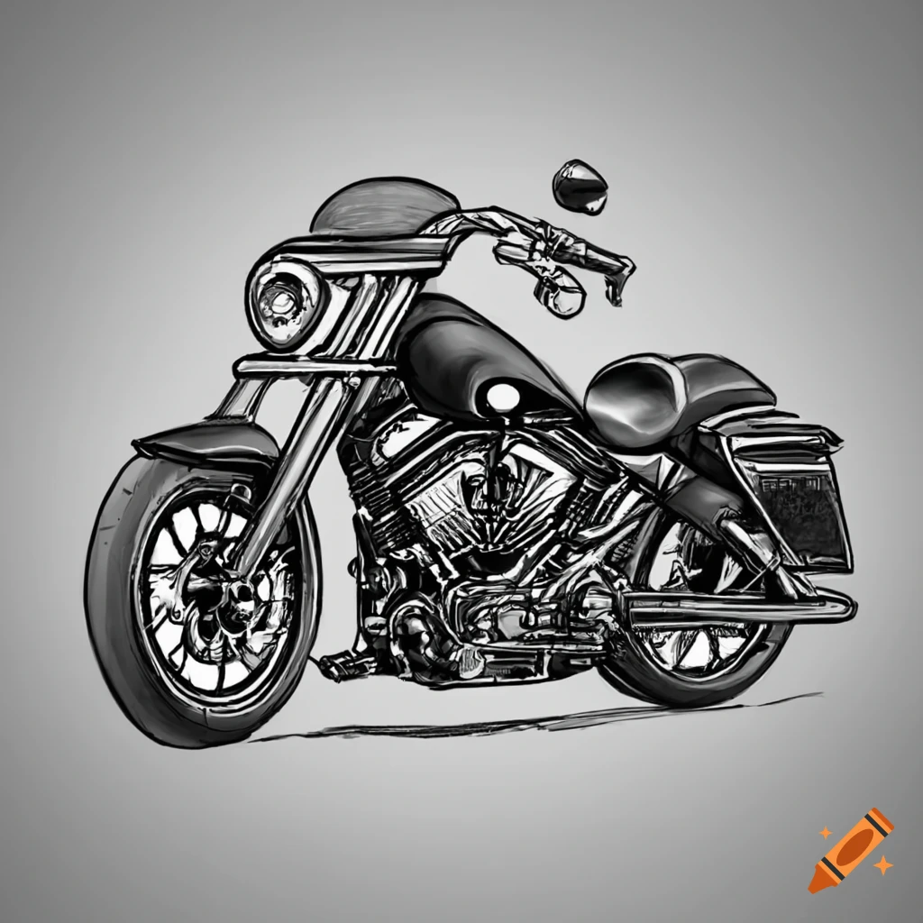 Detailed black and white drawing of a harley davidson motorcycle on Craiyon