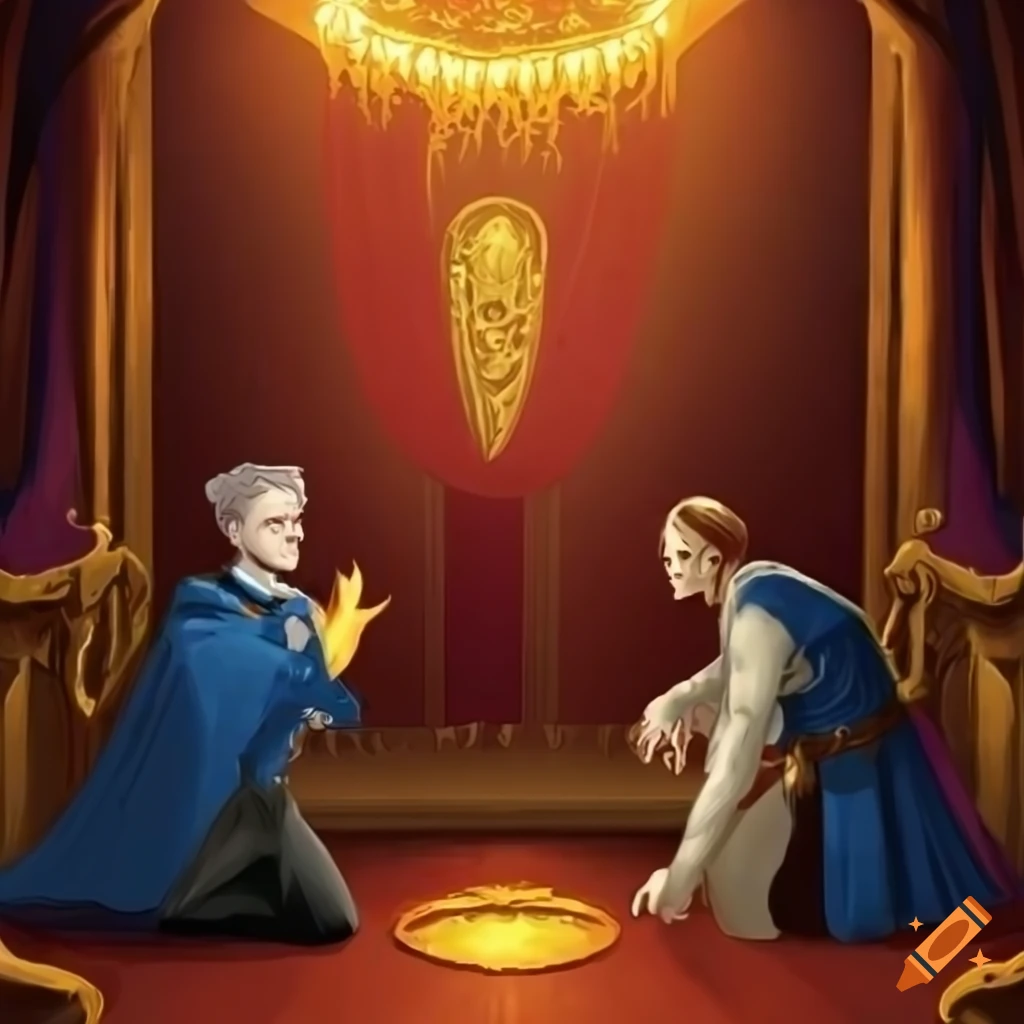 Fleance kneeling to malcolm with an ominous atmosphere in a throne room ...