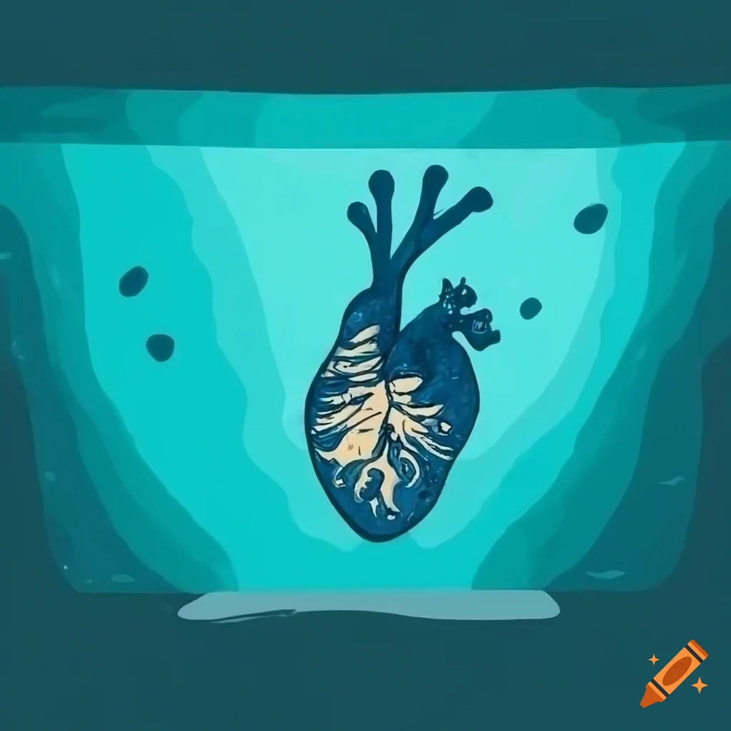 Sketch of a burning human anatomical heart underwater, with stones and ...