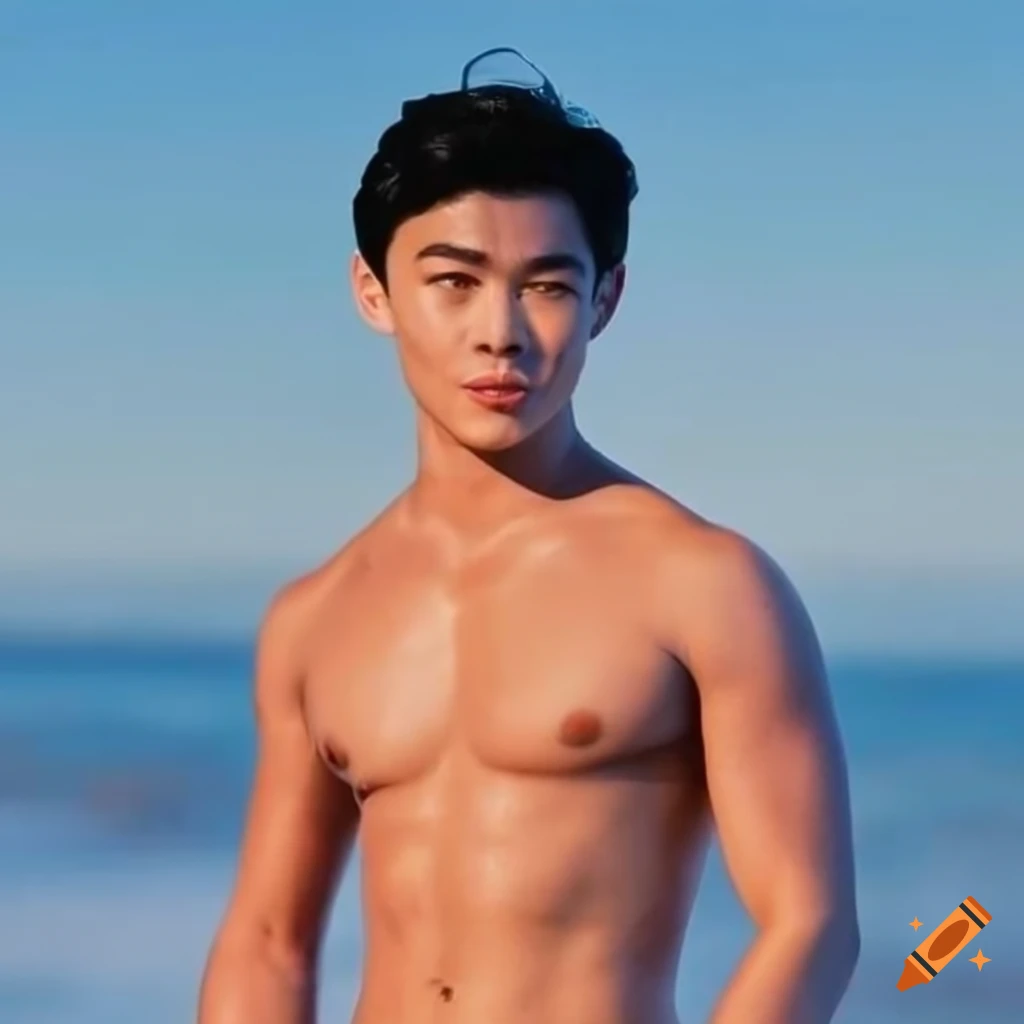 Actor ryan potter at the beach in a speedo on Craiyon