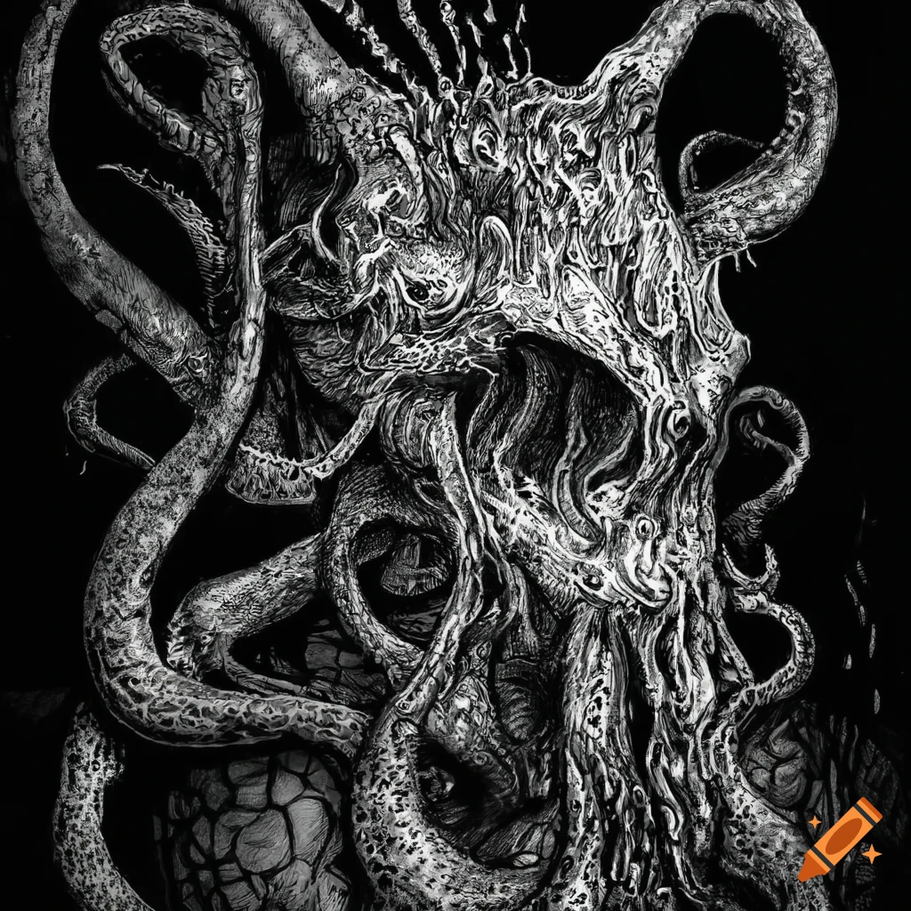 Lovecraftian creature in monochrome ink drawing on Craiyon