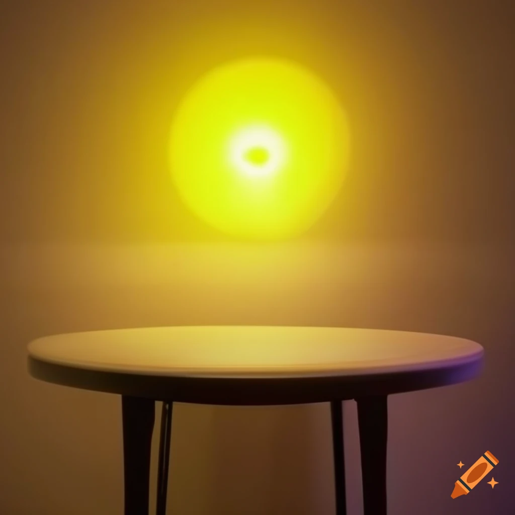 Desktop setup on a table with yellow RGB lighting in a white room on ...
