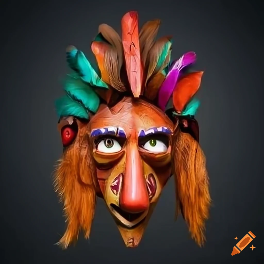 Intricately carved sumarian wooden mask with vibrant colors and ...