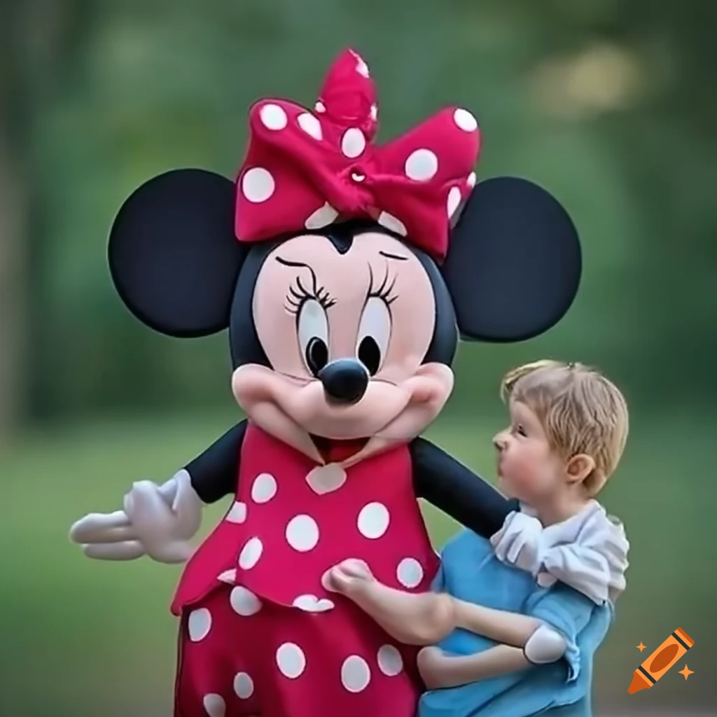 Large Minnie Mouse inviting a boy to rest in her arms on Craiyon