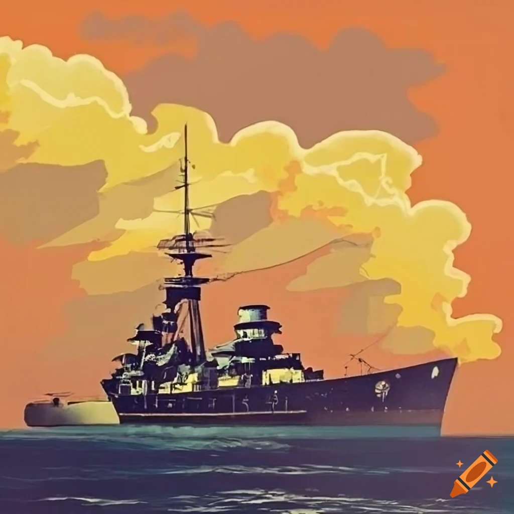 Vintage travel poster style artwork of ww2 warship off the coast of an ...