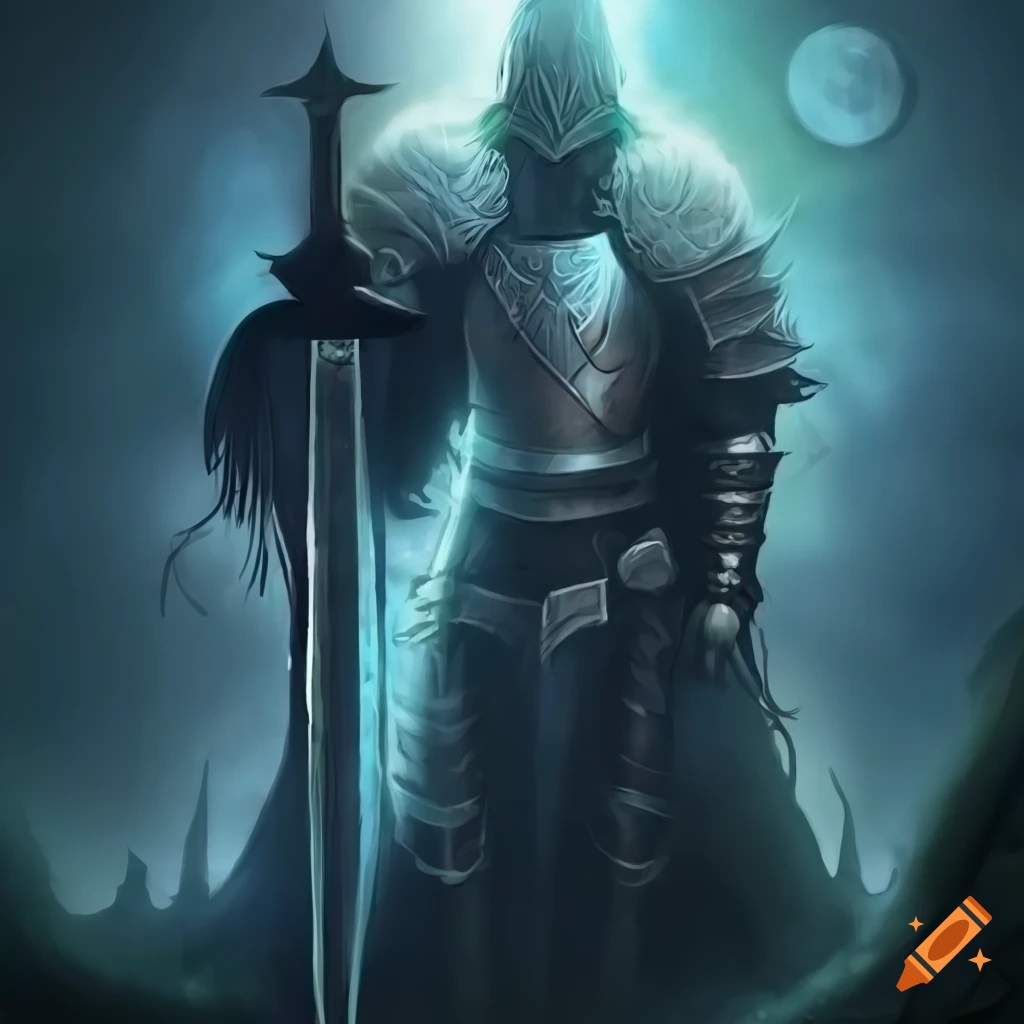 Legendary mythical knight in silver armor and fur cape with mystical ...