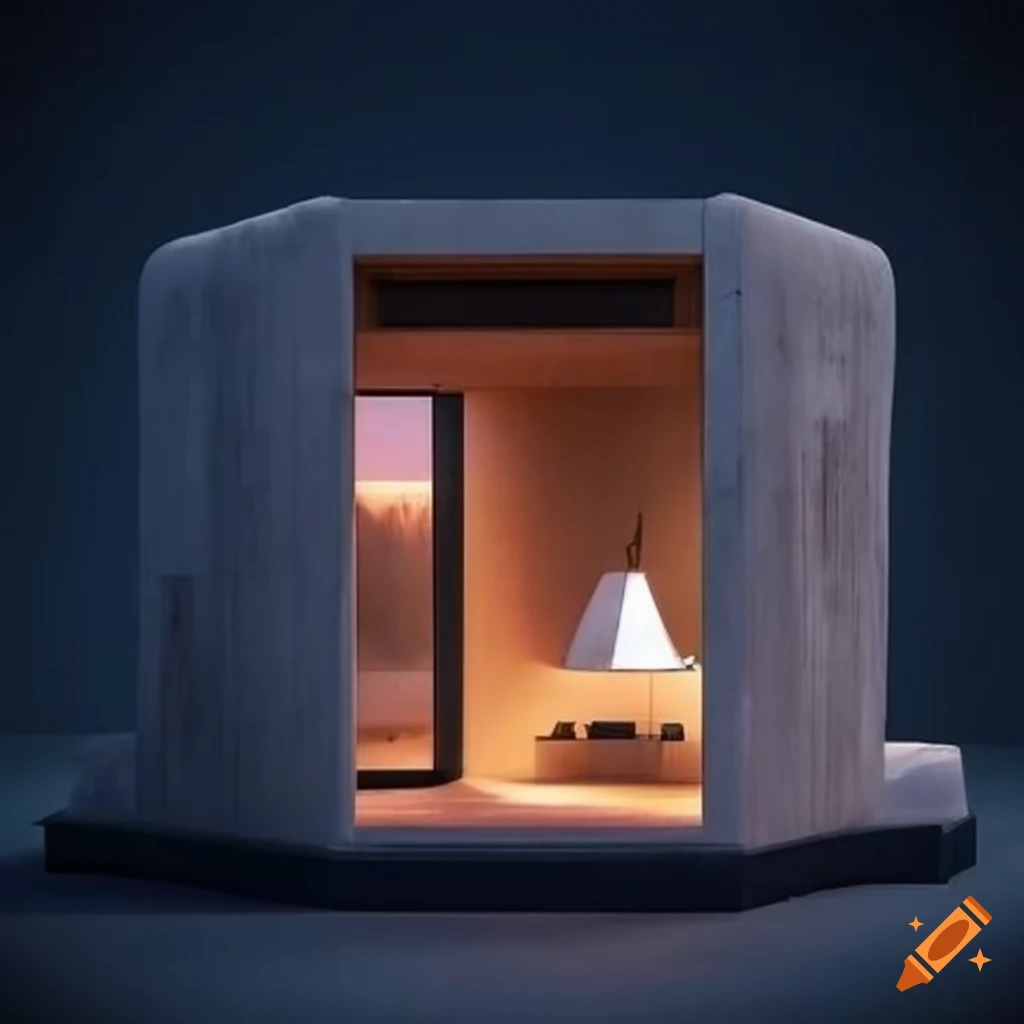 Concrete adobe house pod on stilts with cyberpunk style on Craiyon