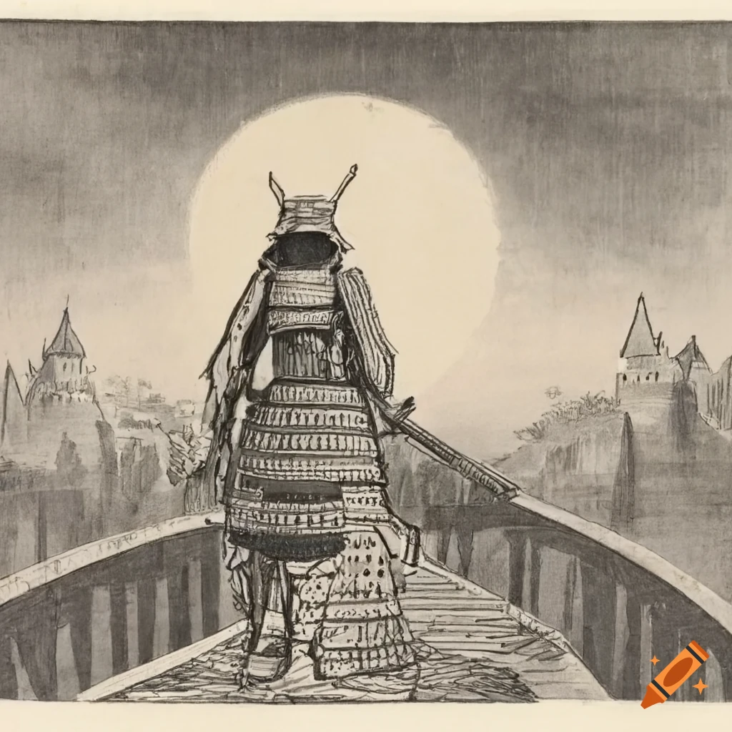 Female samurai in armor on a rainy bridge with a burning castle in the ...