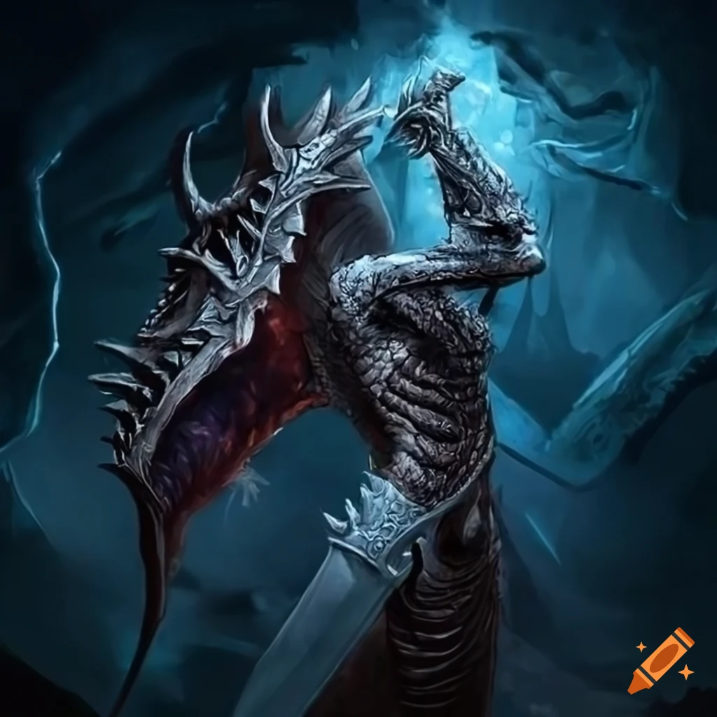 Sword with dragon-themed hilt in a wintry ice setting on Craiyon