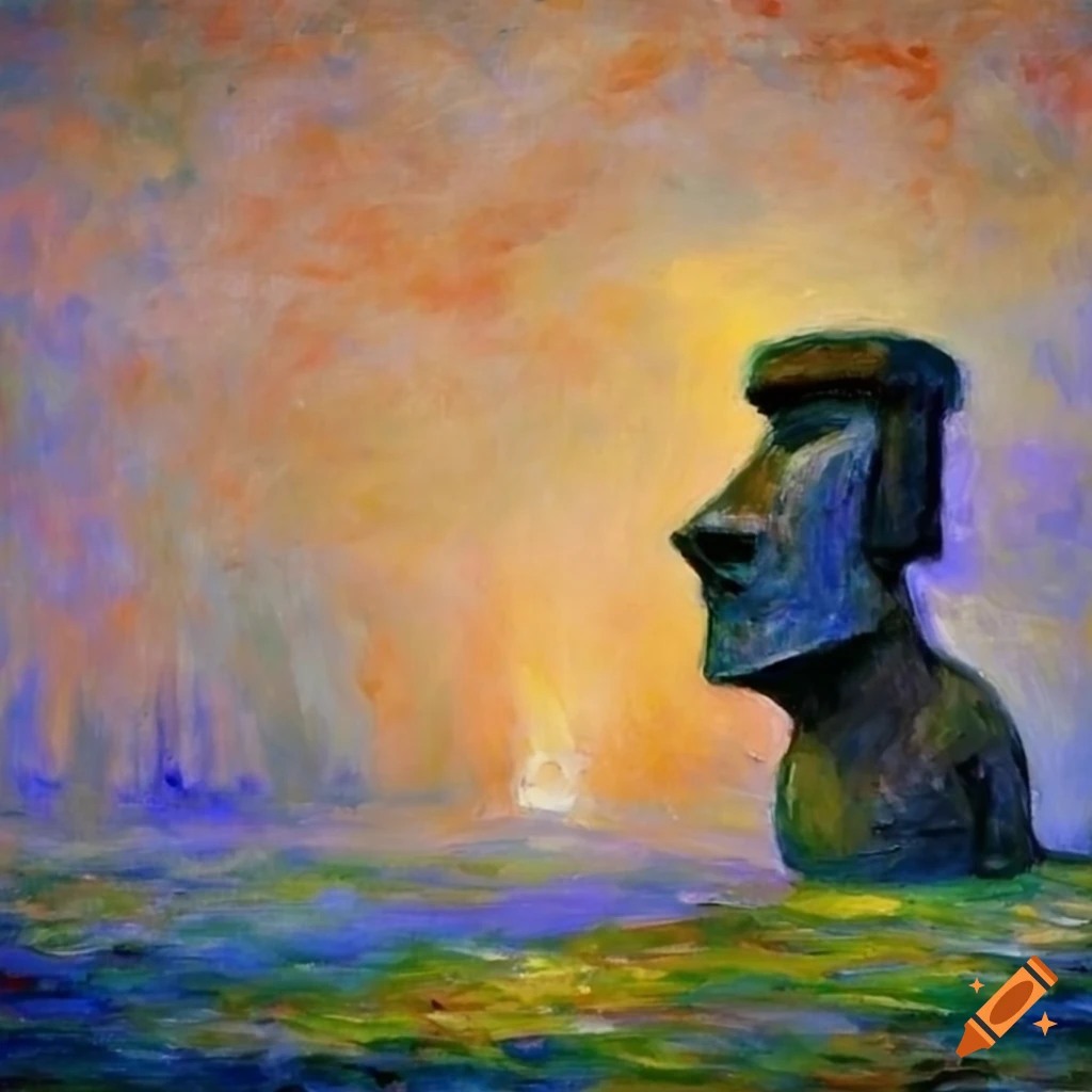 Moai sculpture at the base of the Eiffel Tower in the style of Claude ...