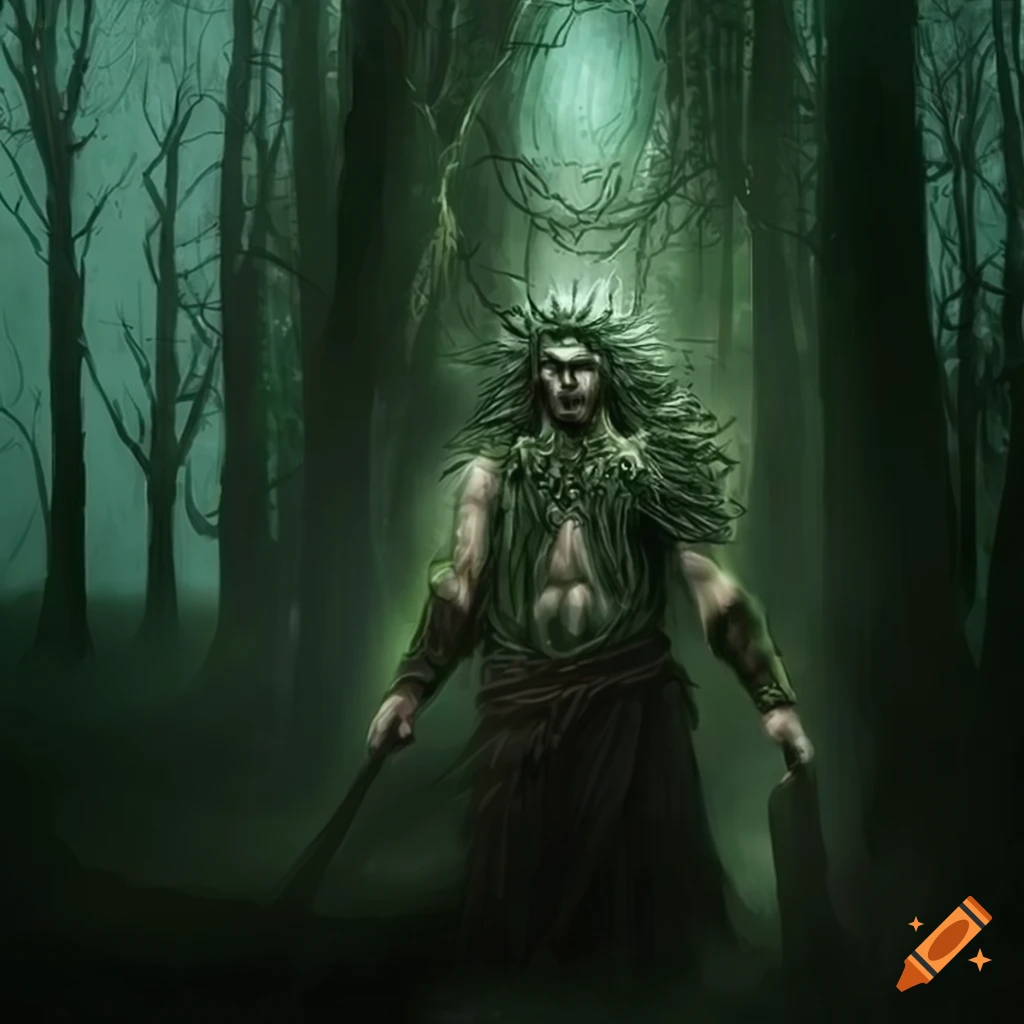 Celtic god in a nighttime forest setting on Craiyon