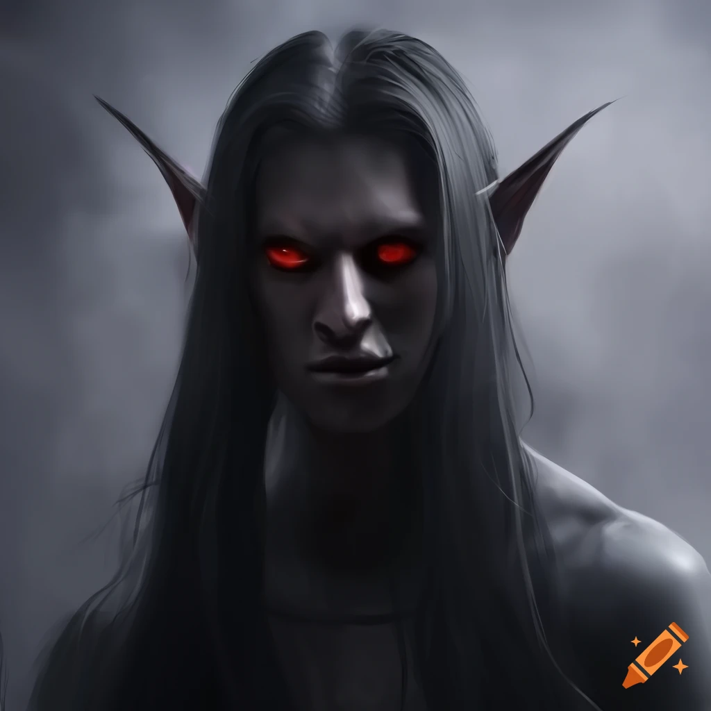 Dark Elf male with long black hair and red glowing eyes in a dark ...
