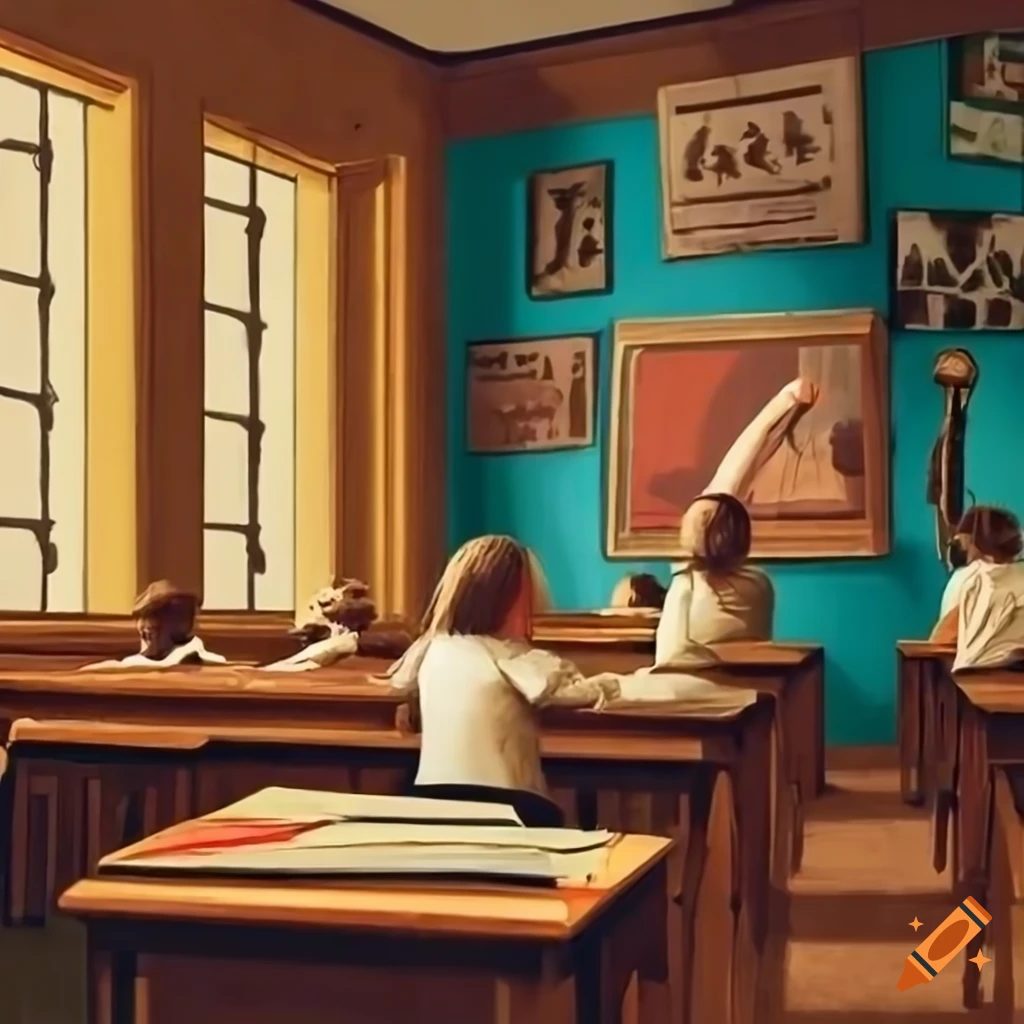 History classroom with historical figures and documents on walls on Craiyon